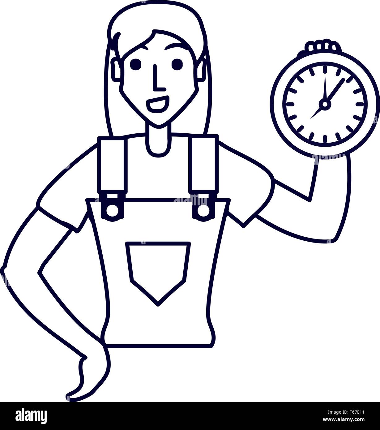 worker construction woman with clock time vector illustration design ...