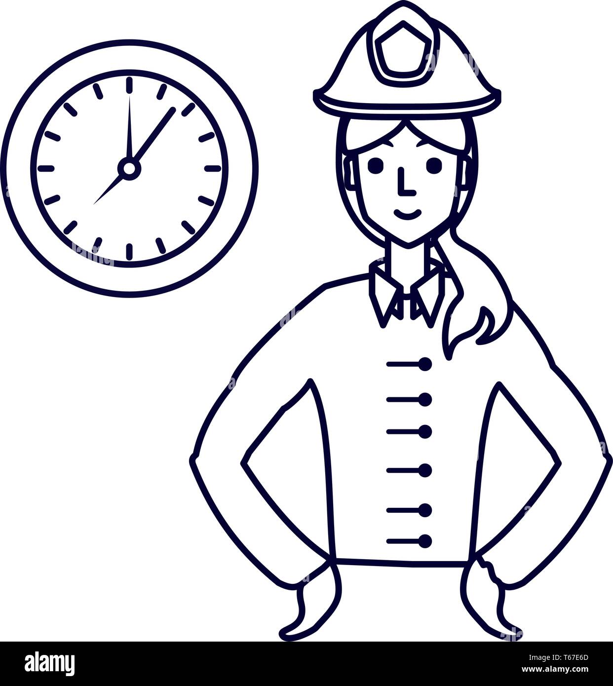firefighter professional female with clock time vector illustration ...