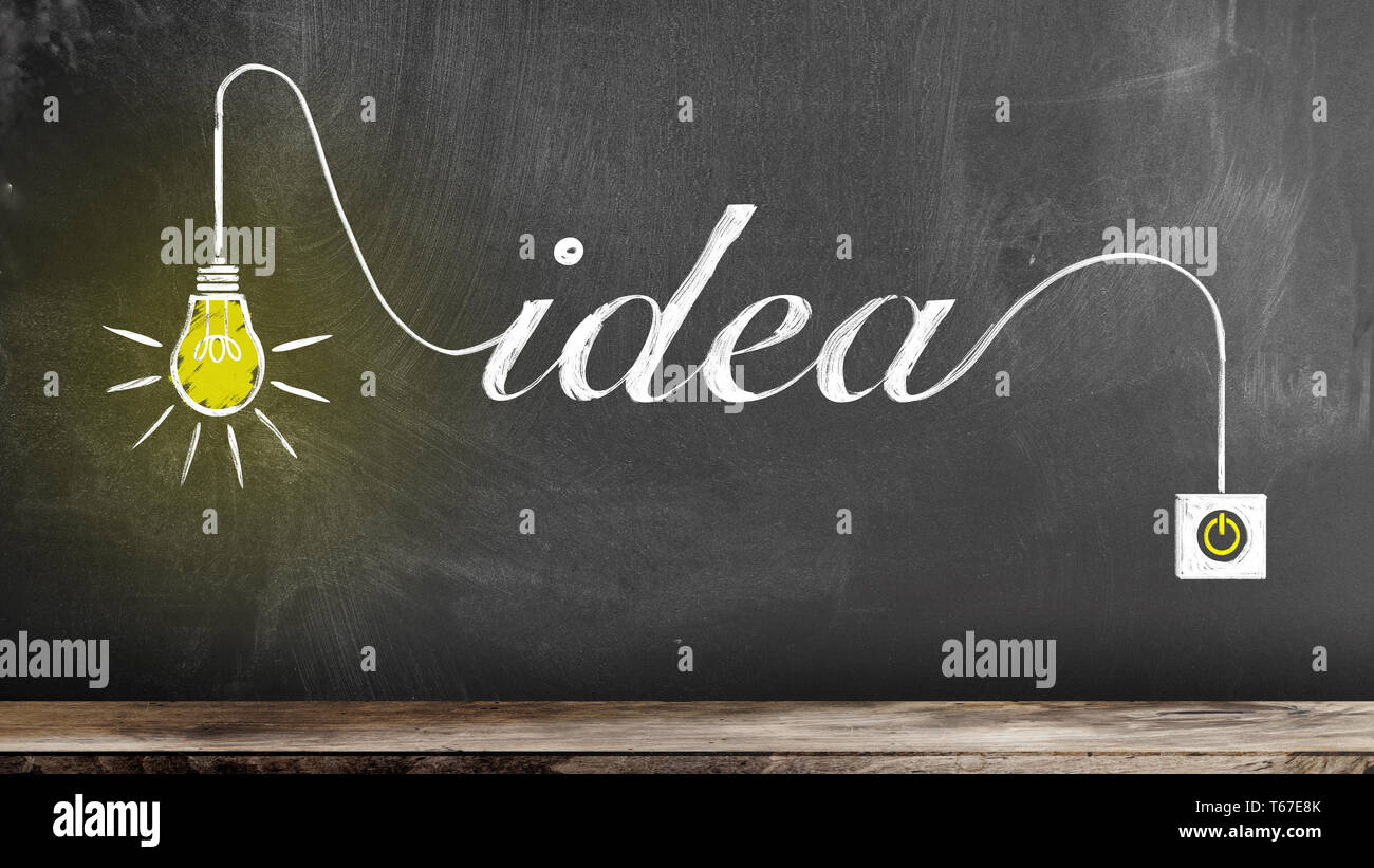 chalk drawing of glowing light bulb and word IDEA on blackboard ...