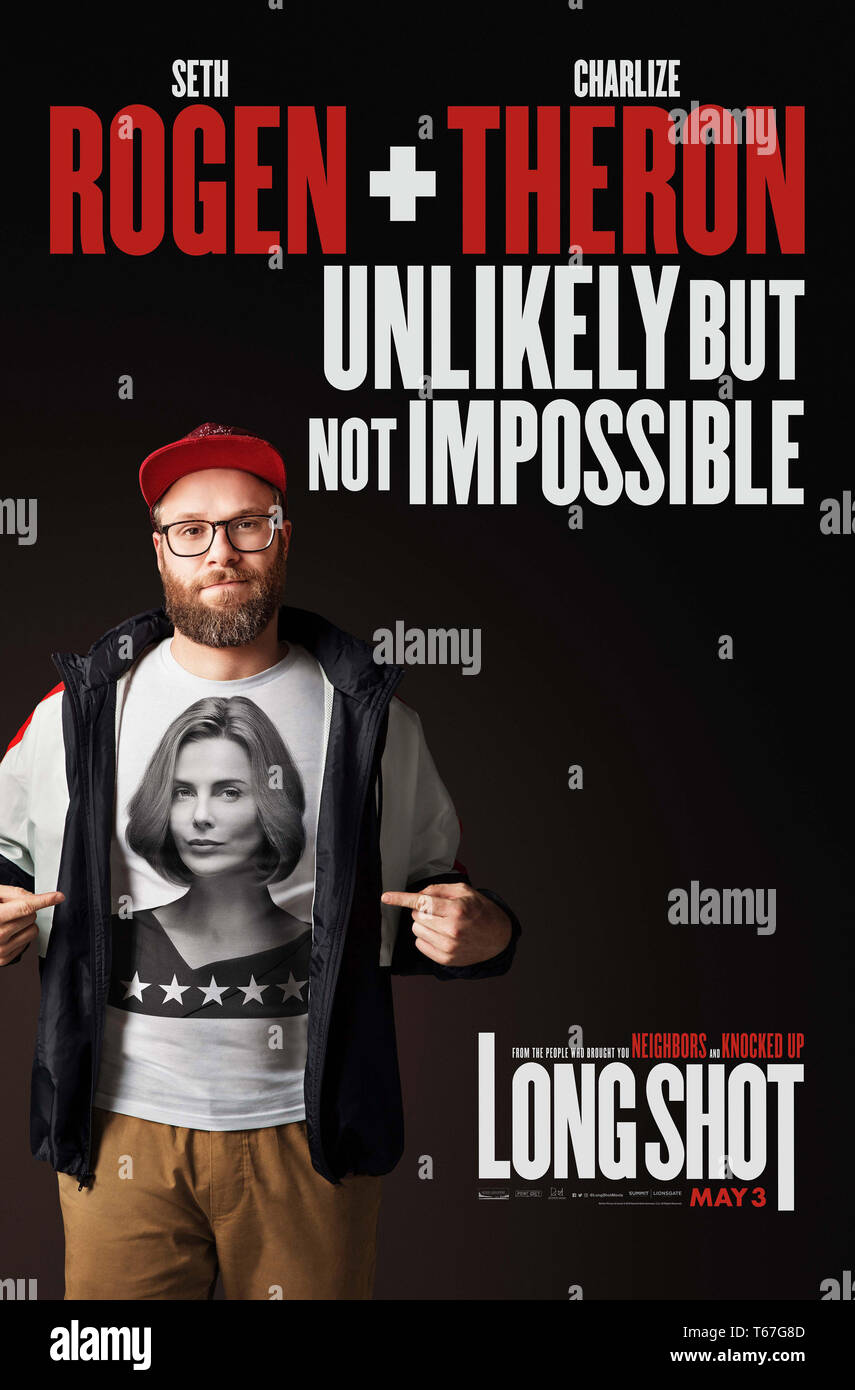 LONG SHOT, US advance poster, Seth Rogen, Charlize Theron (on t-shirt ...
