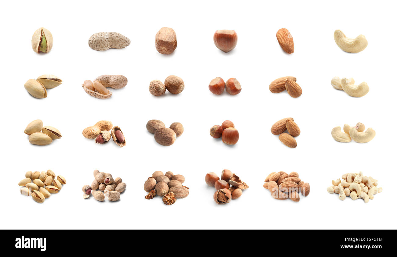 Assortment of tasty nuts on white background Stock Photo - Alamy
