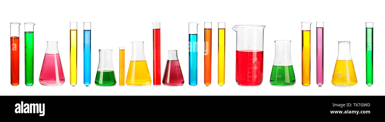 Laboratory glassware with color samples on white background Stock Photo ...