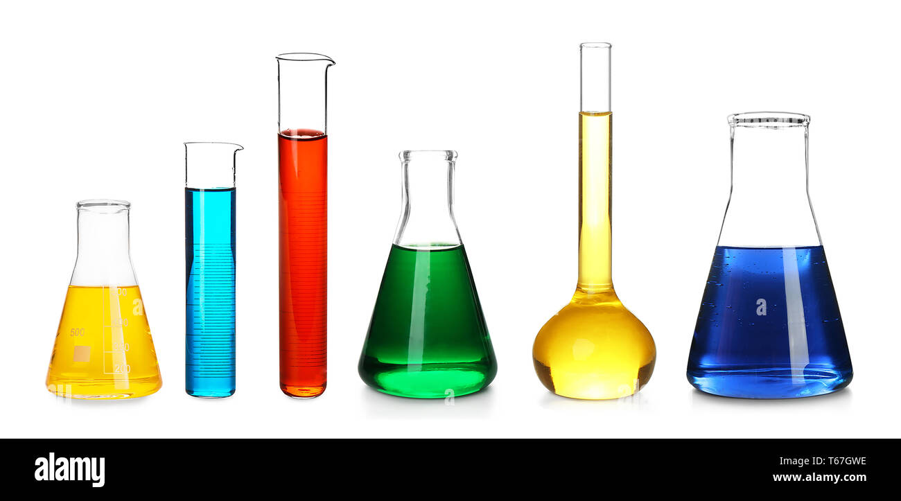 Laboratory glassware with color samples on white background Stock Photo ...