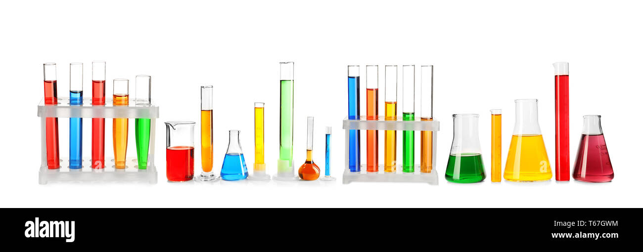 Laboratory glassware with color samples on white background Stock Photo ...