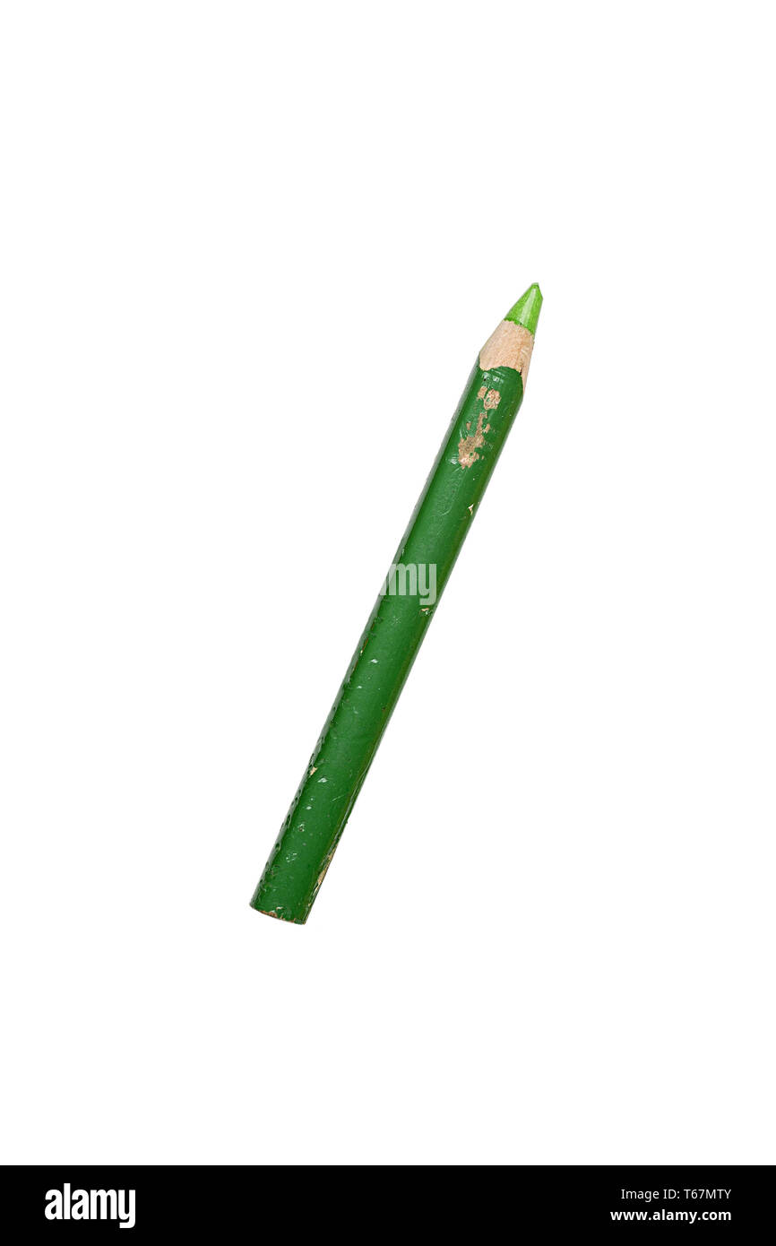 old used short green crayon pencil, isolated on white Stock Photo - Alamy