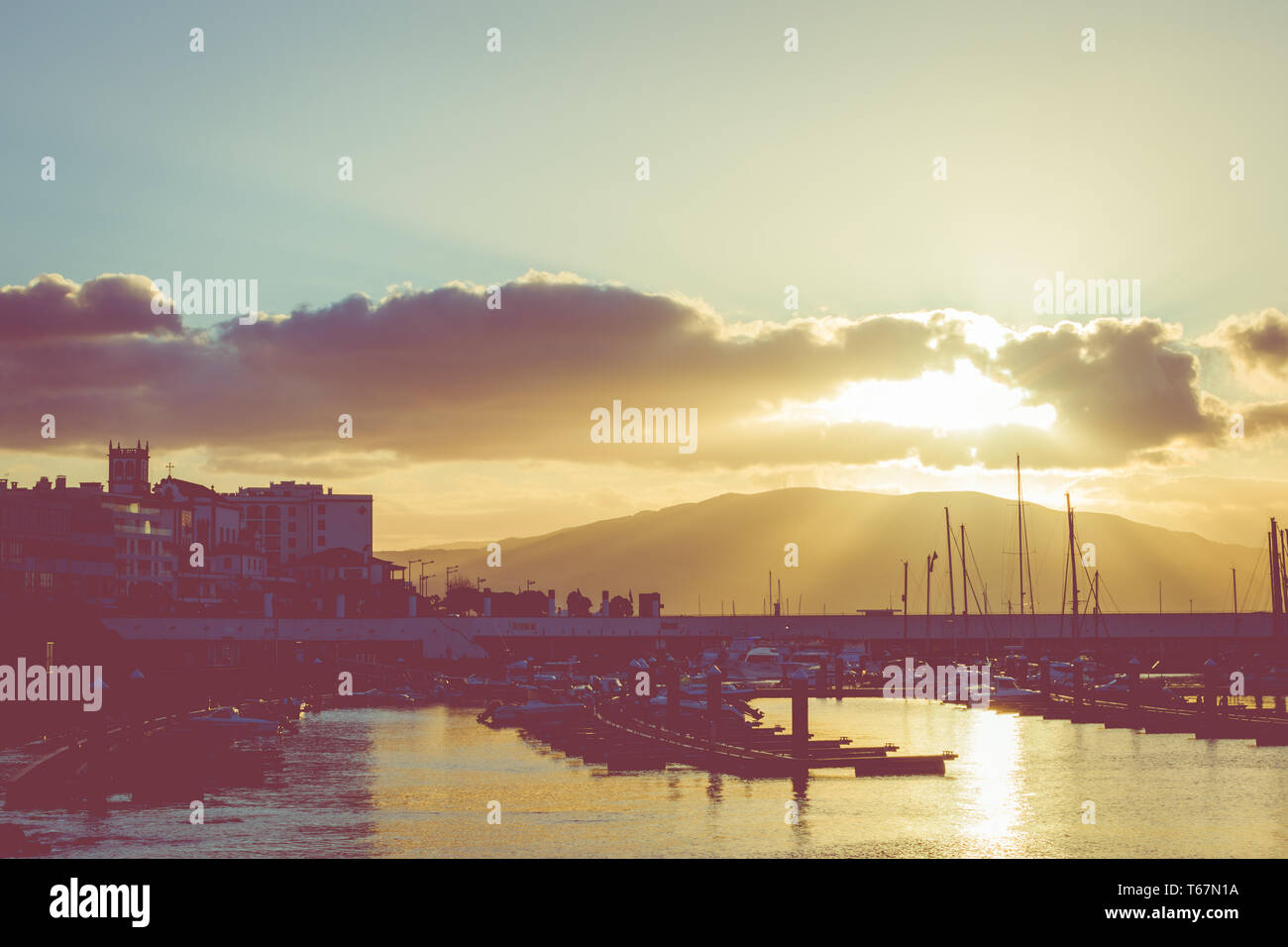 Amazing sunrise at marina in Ponta Delgada, Azores islands, Portugal ...