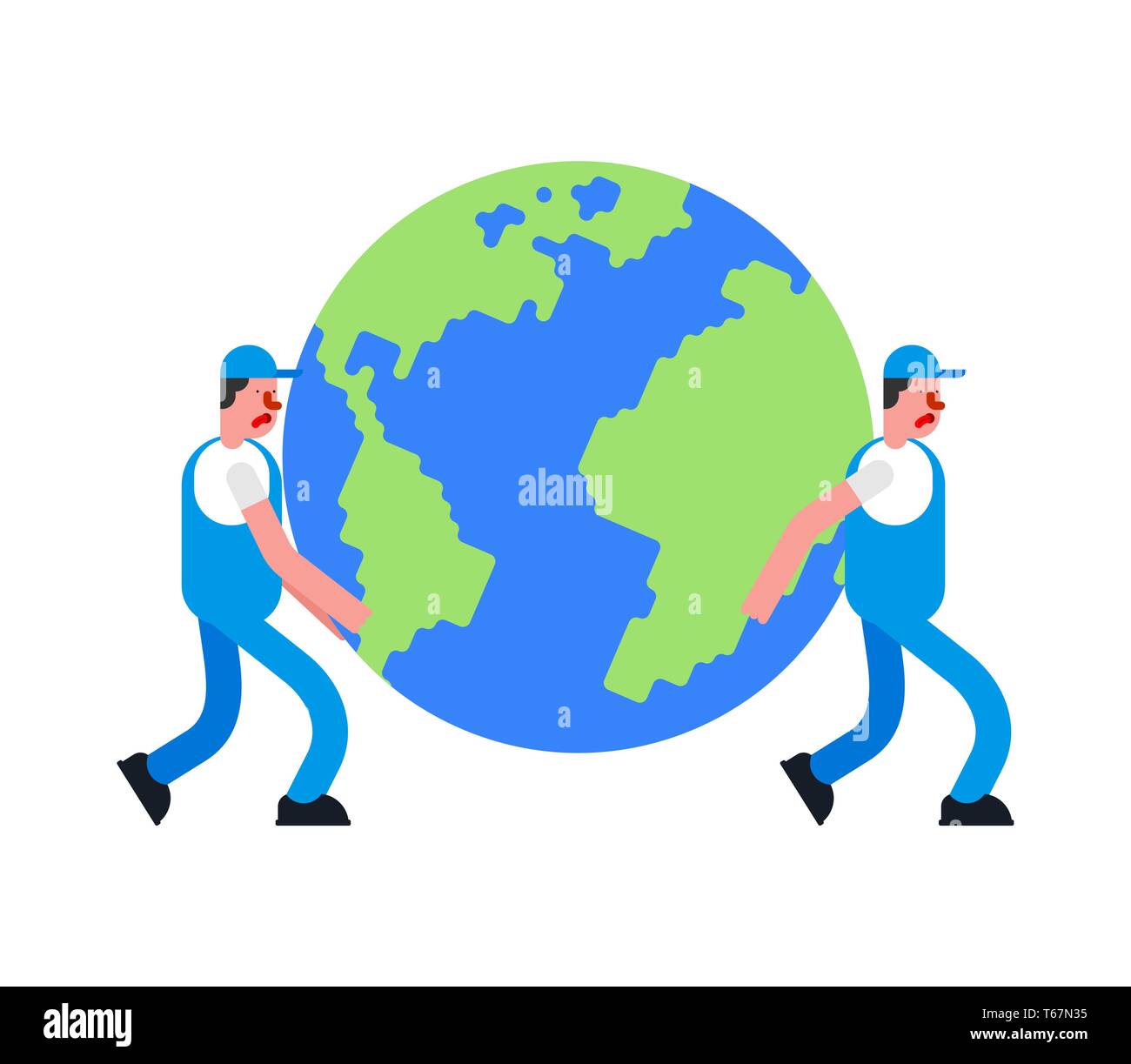 Movers and Earth. Porters carry planet. Delivery service. Loader mover ...