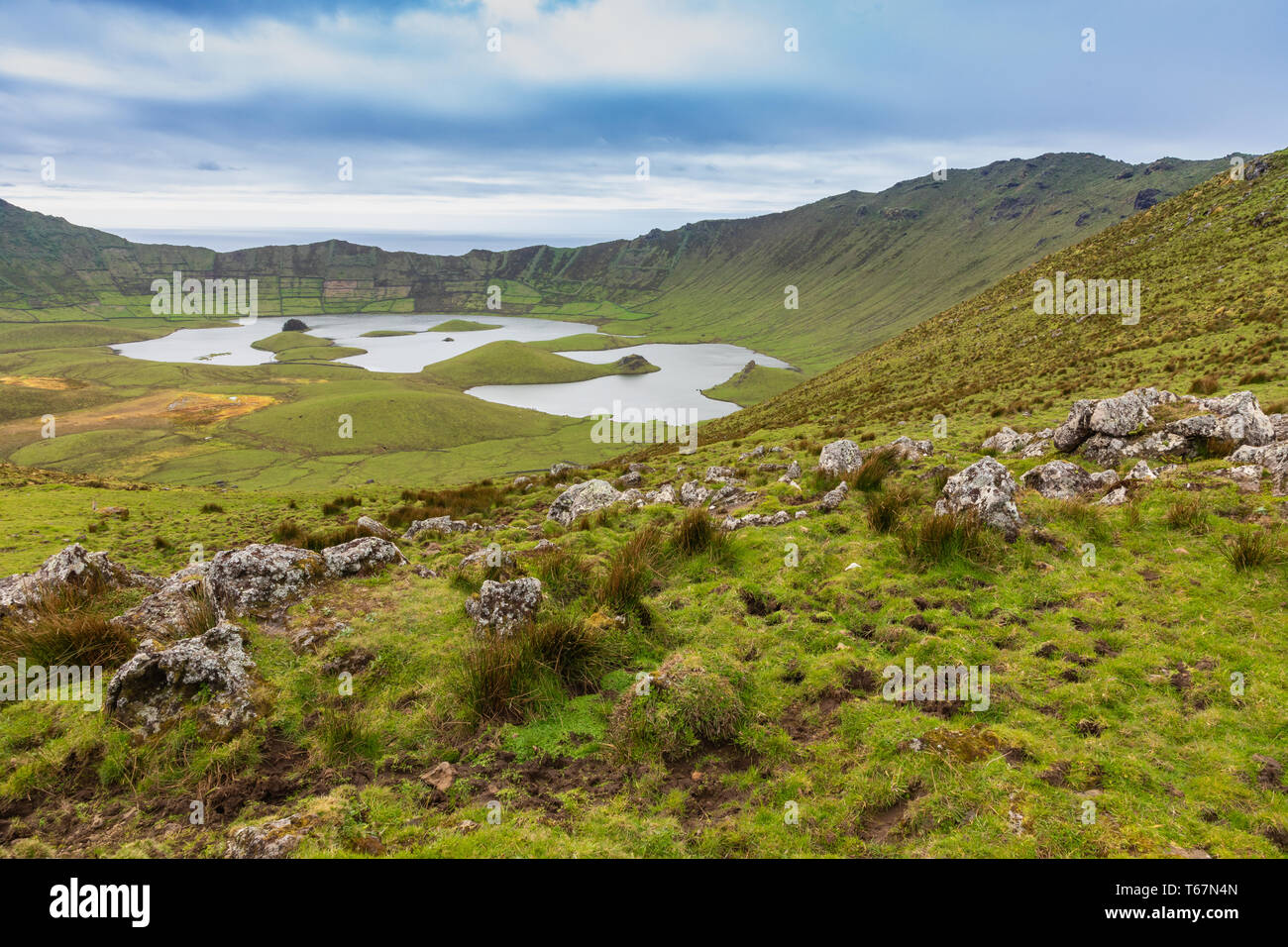 Volcanic crater (Caldeirao) with a beautiful lake on the top of Corvo ...