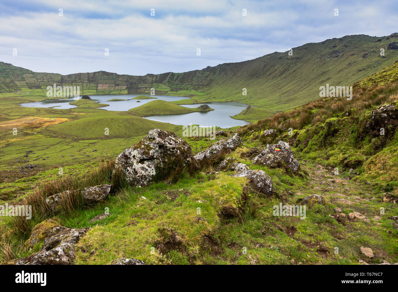 Volcanic crater (Caldeirao) with a beautiful lake on the top of Corvo ...