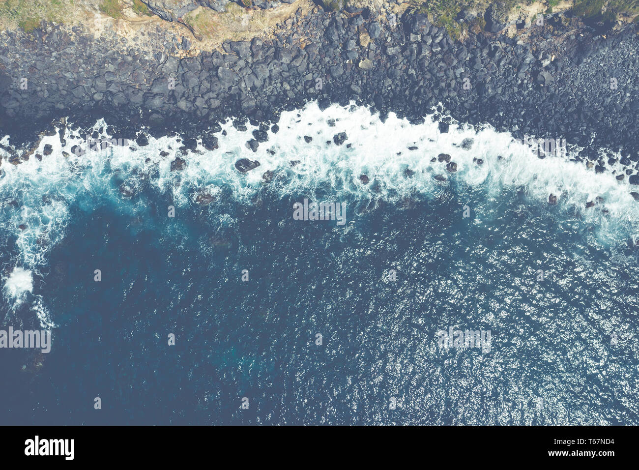 Aerial view to ocean waves. Blue water background. Photo made from ...
