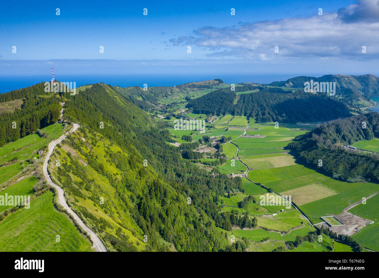 Aerial view of Sete Cidades at Lake Azul on the island Sao Miguel ...