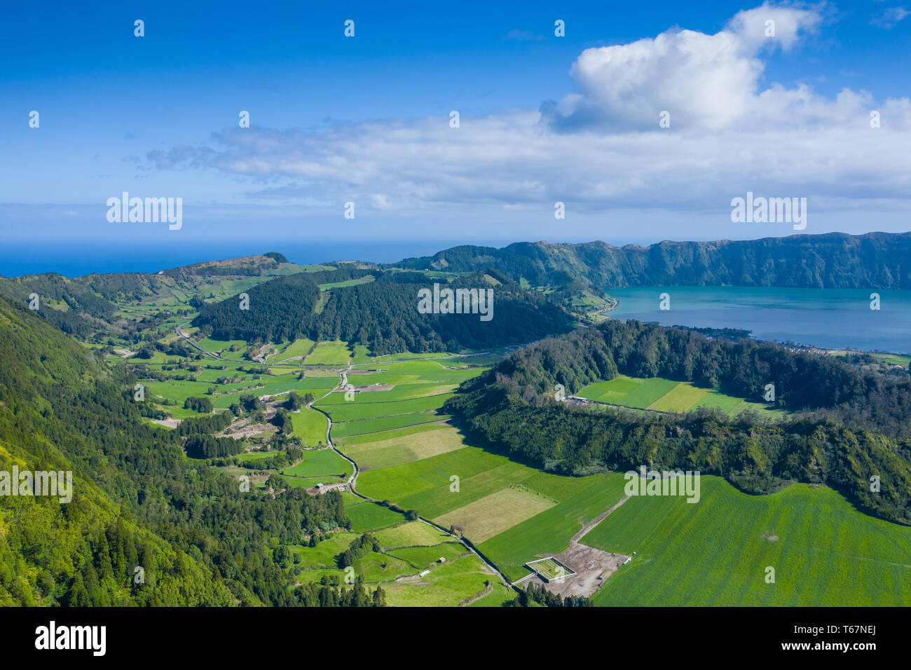 Aerial view of Sete Cidades at Lake Azul on the island Sao Miguel ...