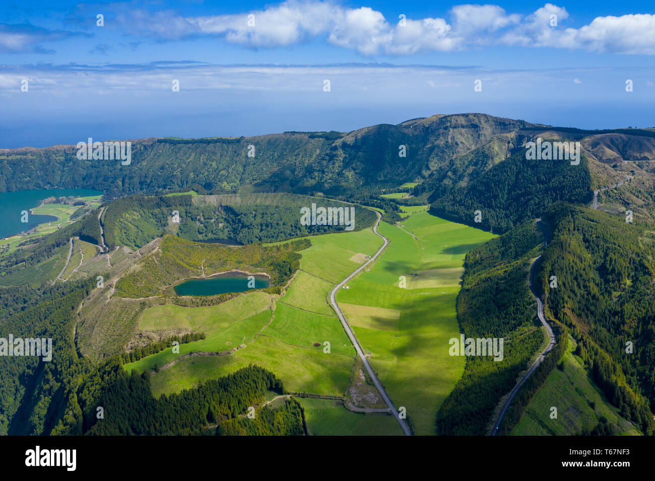 Aerial view of Sete Cidades at Lake Azul on the island Sao Miguel ...