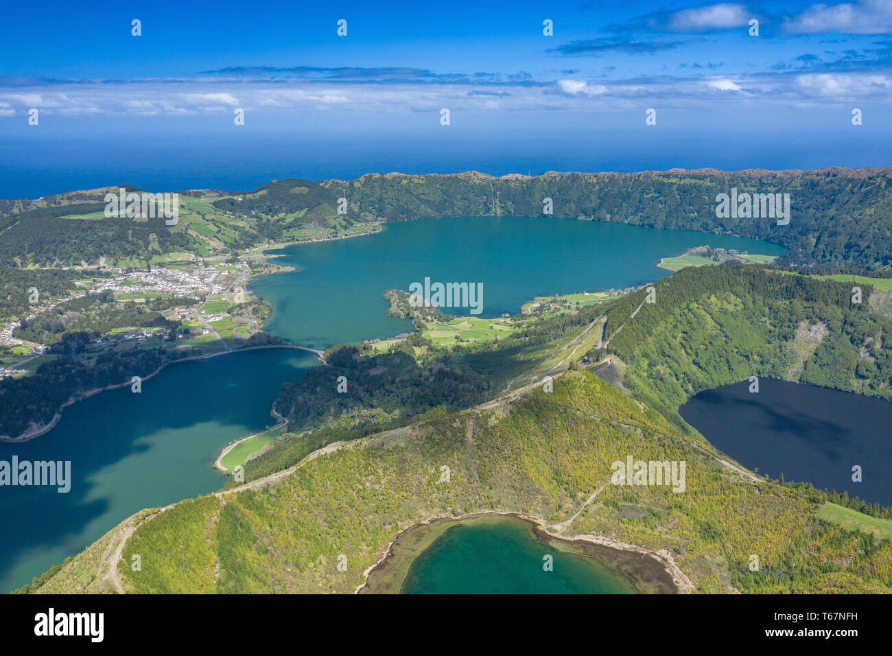 Aerial view of Sete Cidades at Lake Azul on the island Sao Miguel ...