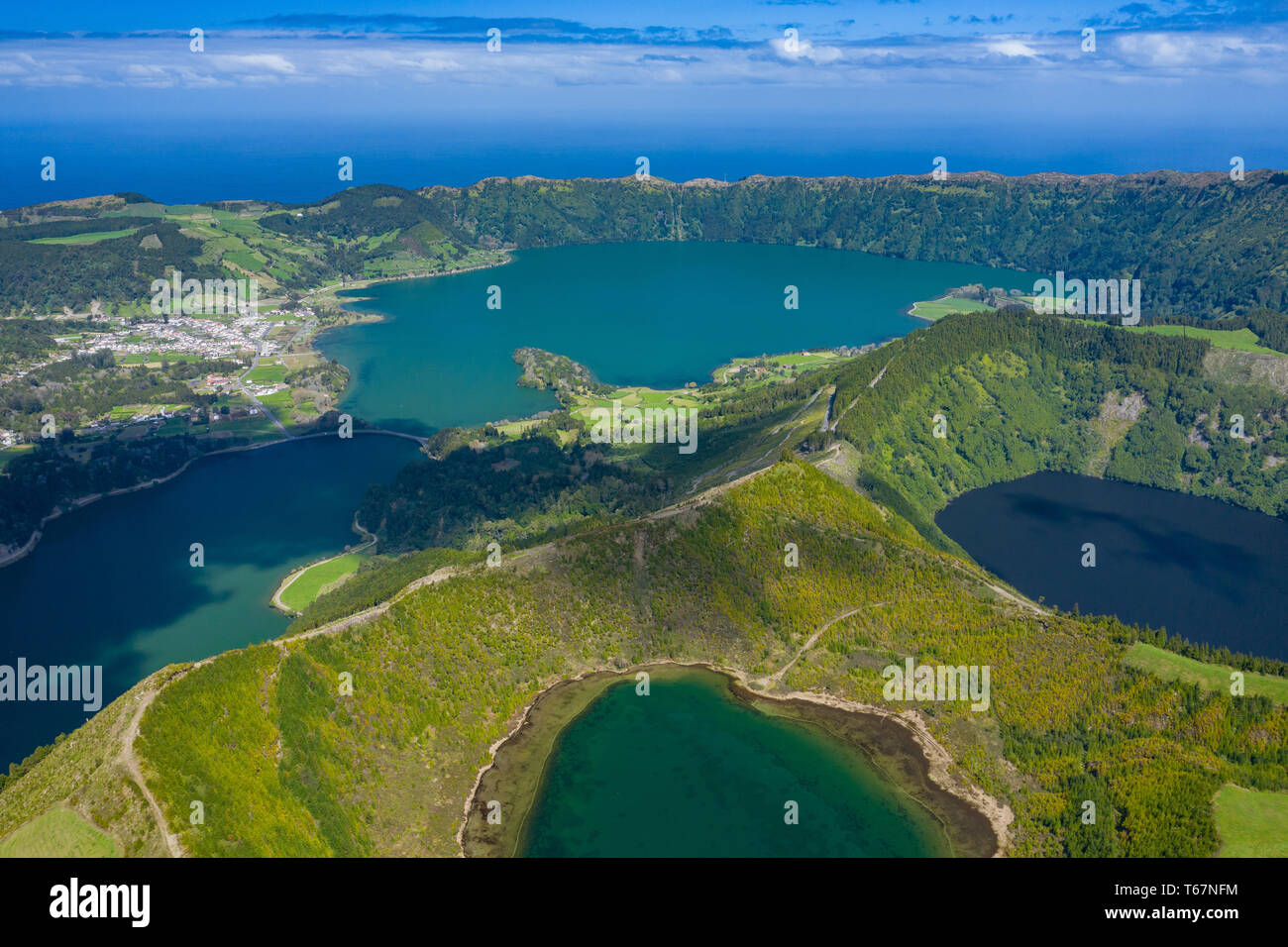 Aerial view of Sete Cidades at Lake Azul on the island Sao Miguel ...