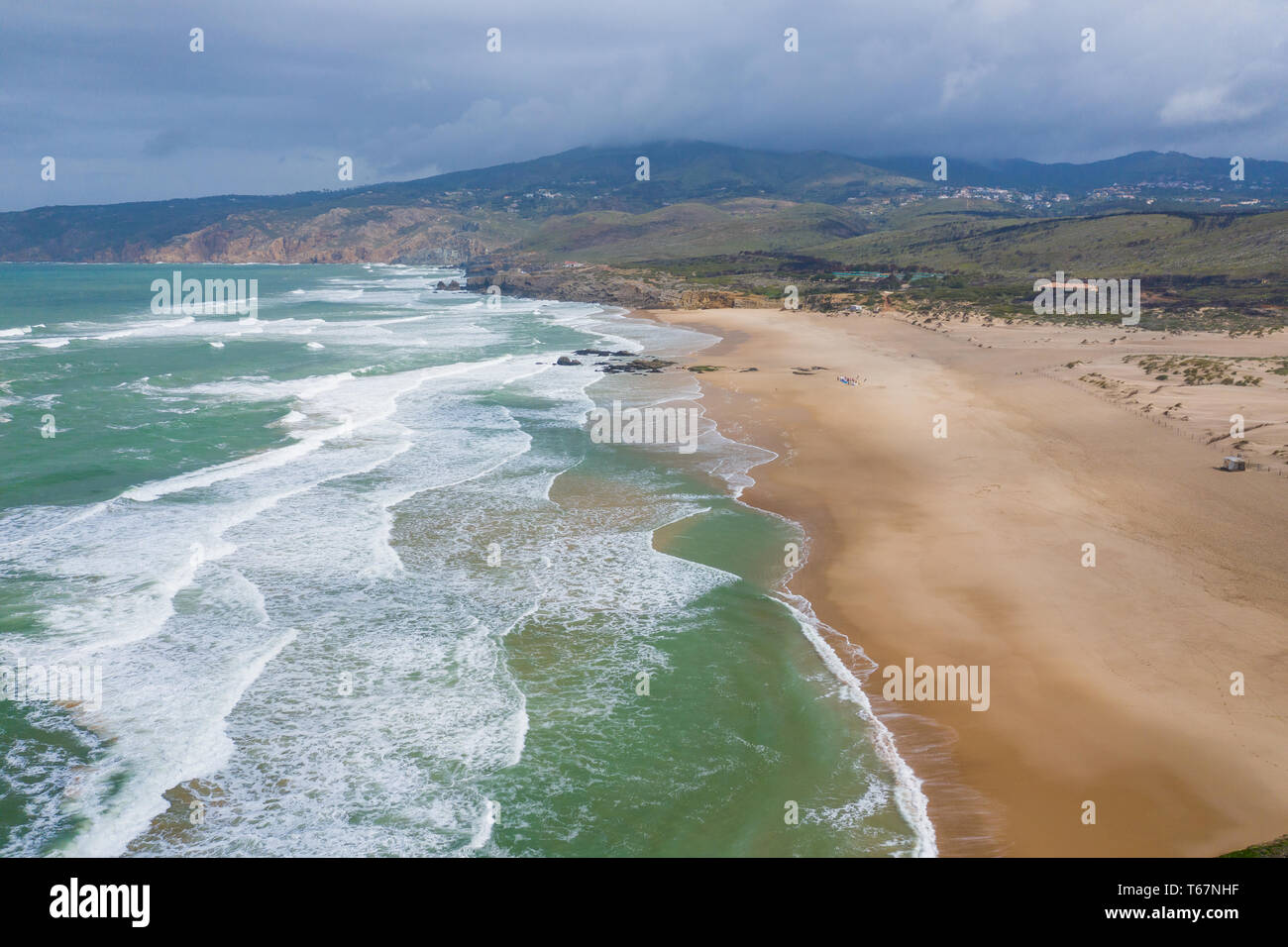 Aerial view of famous Guincho Beach in Cascais near Lisbon, Portugal. Photo made from above by ...