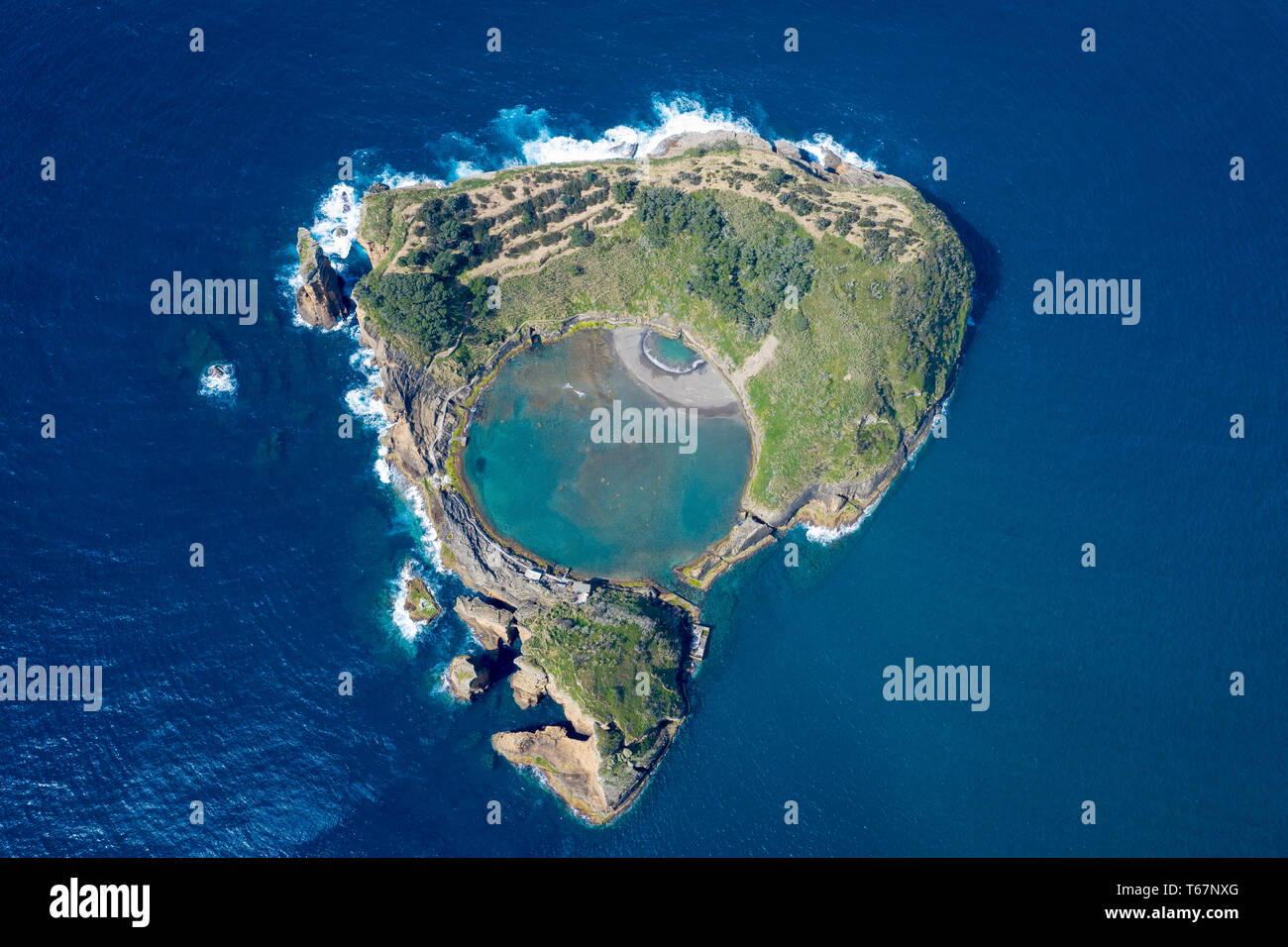 Aerial view of Islet of Vila Franca do Campo, Sao Miguel island, Azores ...