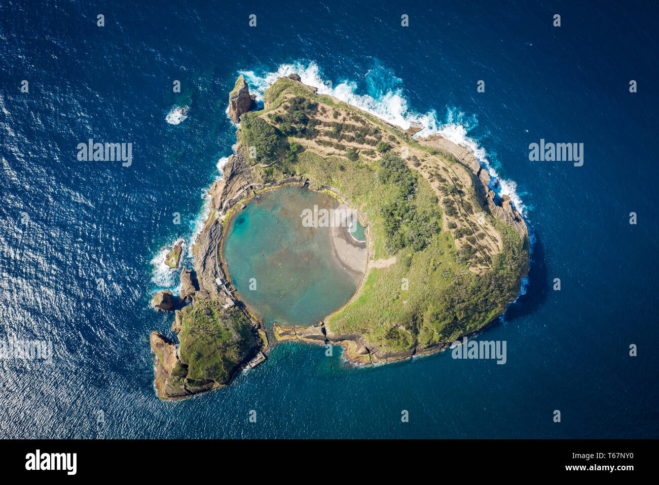 Aerial view of Islet of Vila Franca do Campo, Sao Miguel island, Azores ...
