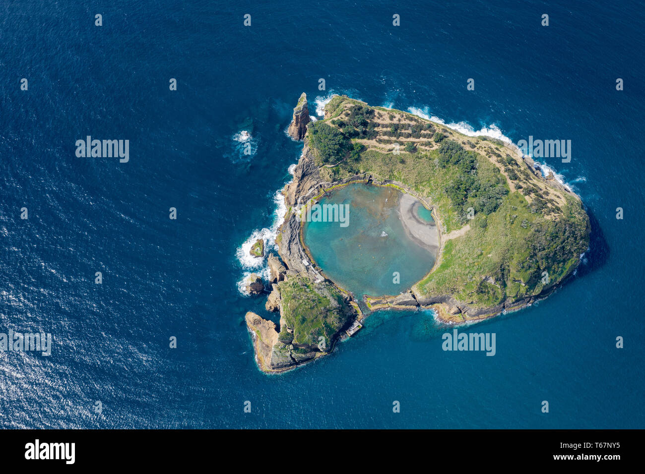 Aerial view of Islet of Vila Franca do Campo, Sao Miguel island, Azores ...