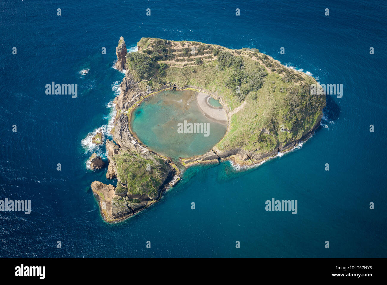 Aerial view of Islet of Vila Franca do Campo, Sao Miguel island, Azores ...