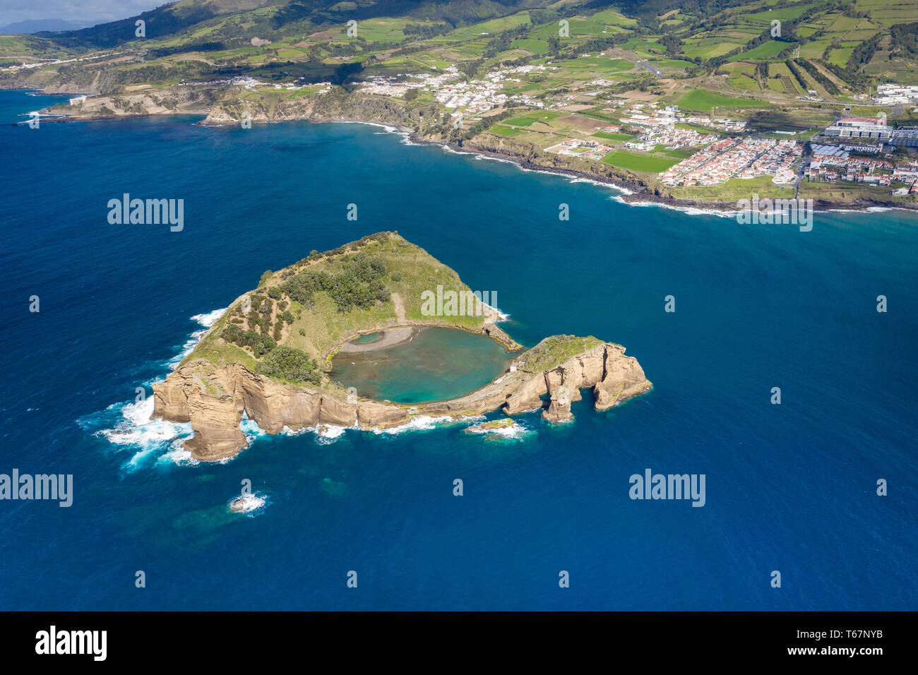 Aerial view of Islet of Vila Franca do Campo, Sao Miguel island, Azores ...