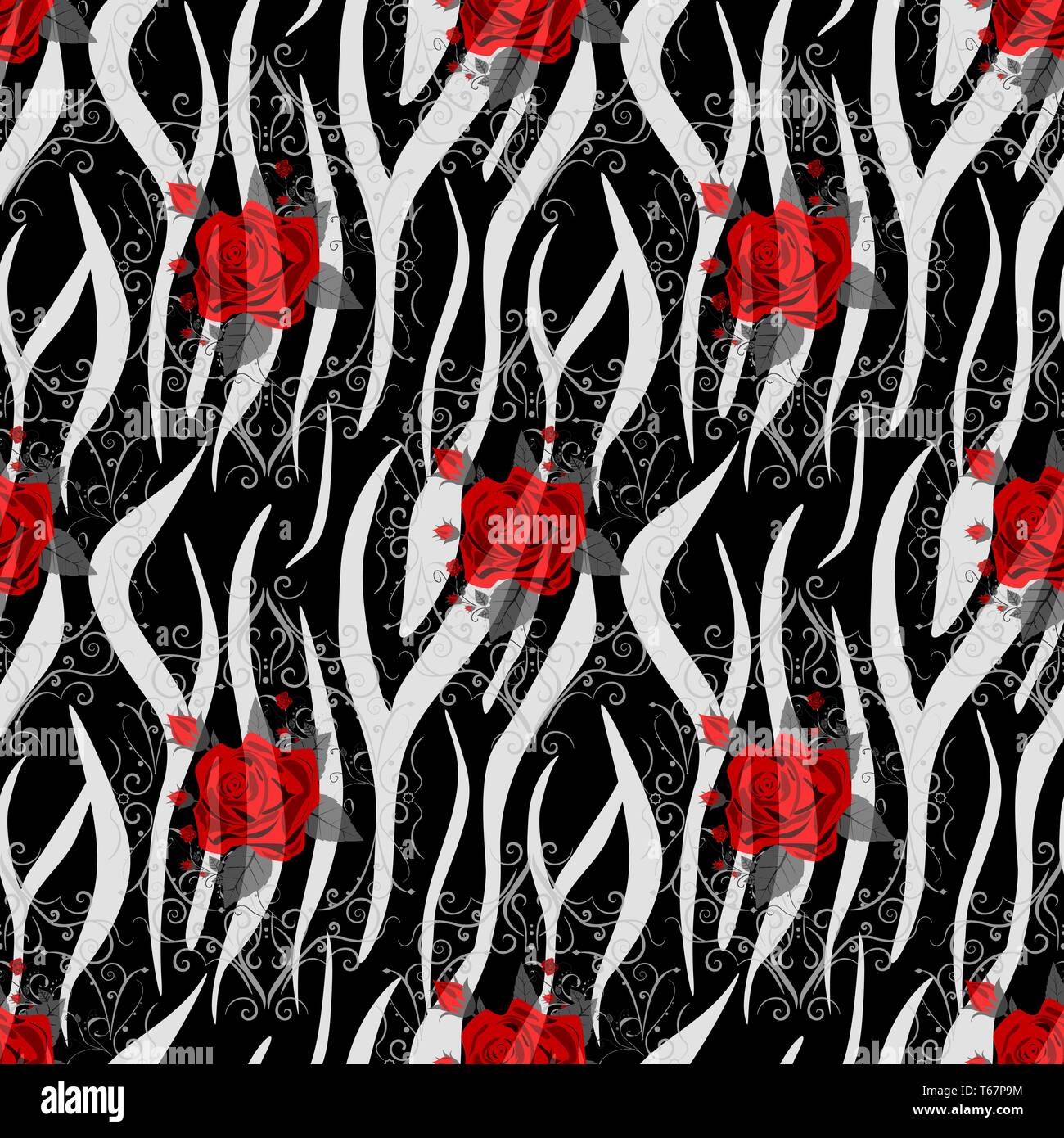 Zebra Stripes with red rose Flowers Seamless Pattern. Zebra print ...