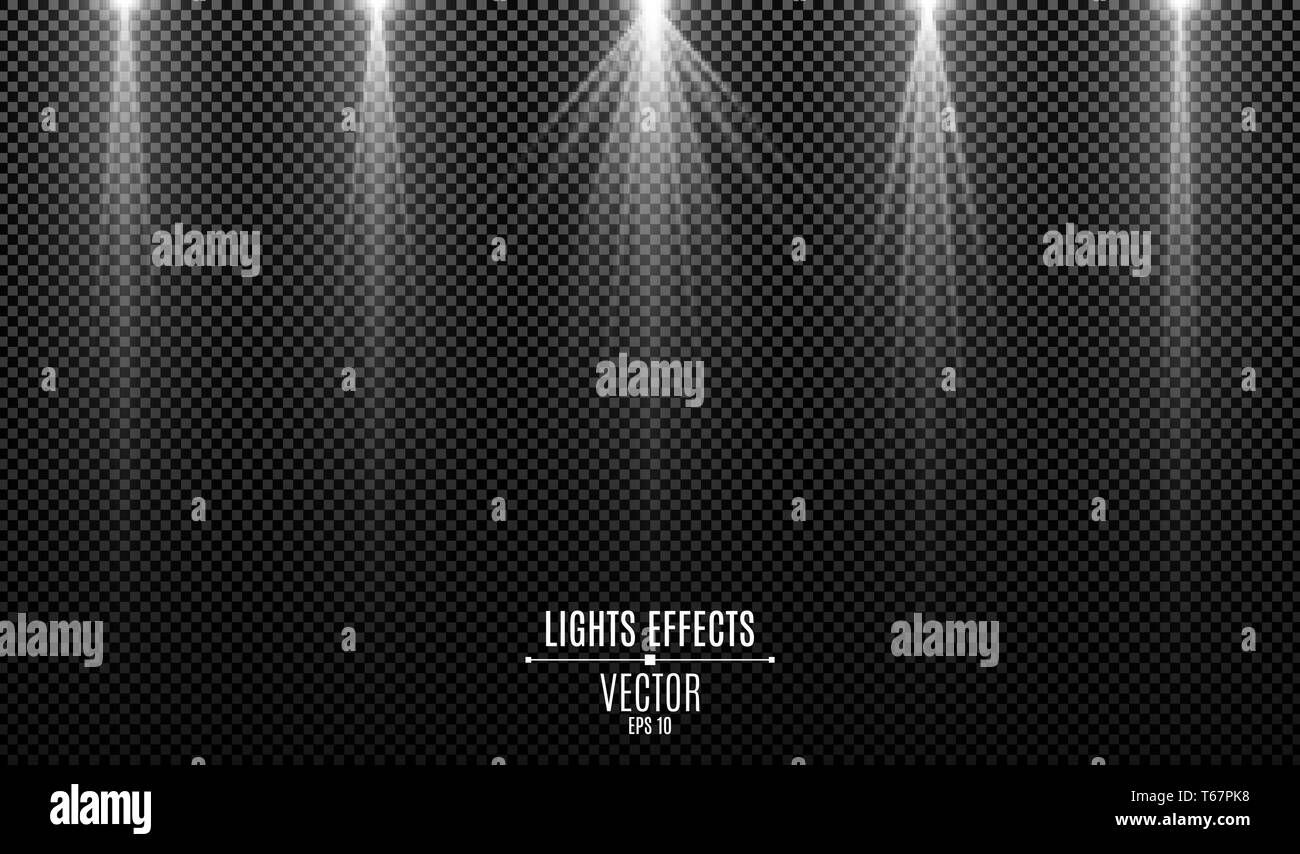 Set of white lights effects isolated on a dark transparent background. White rays. Lamp beams ...