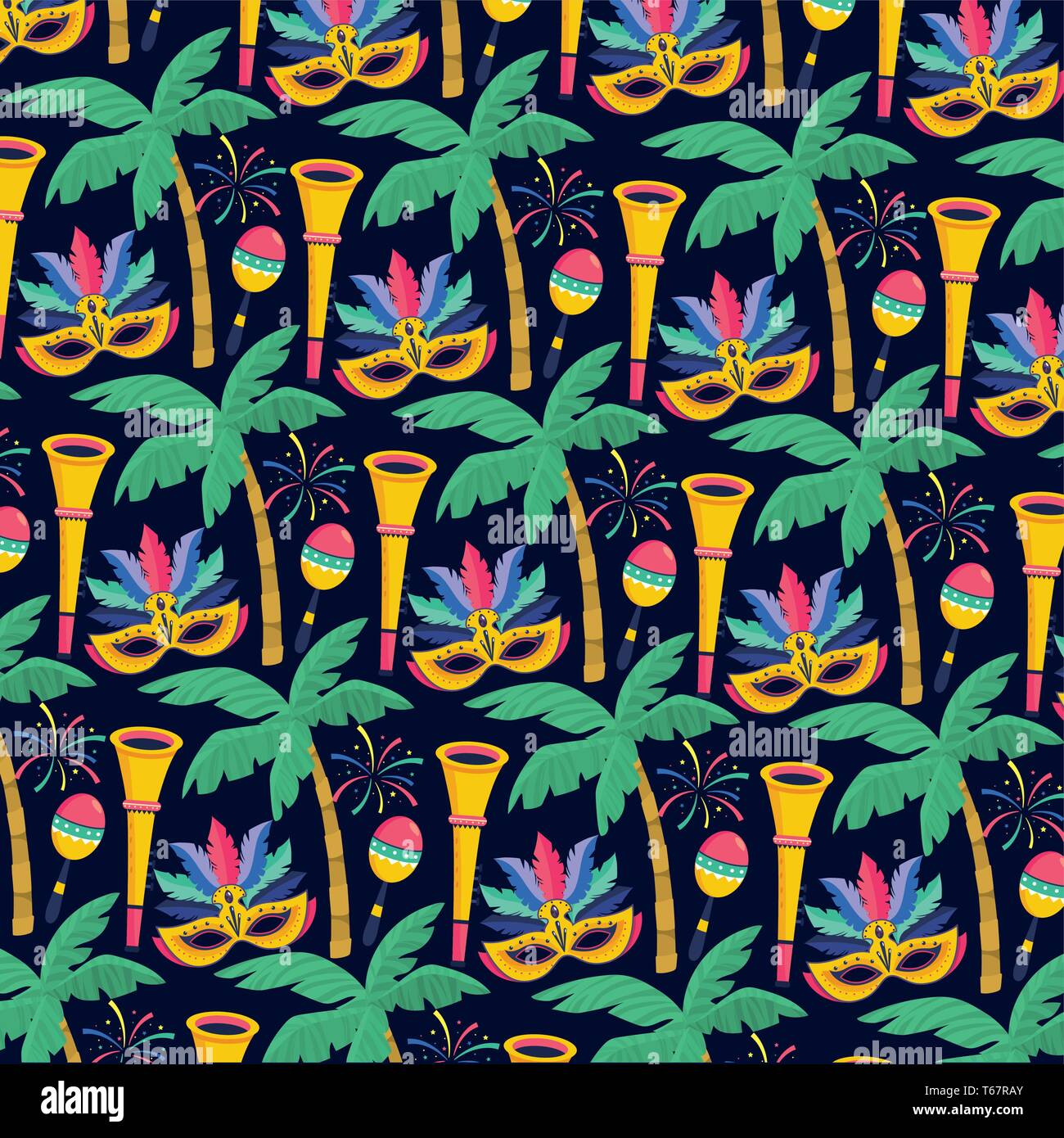 palm with trumpets and mask with feathers background vector ...