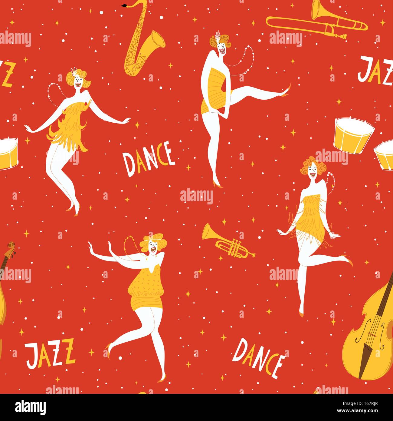 Vintage style vector dance seamless pattern with dansing woman and ...