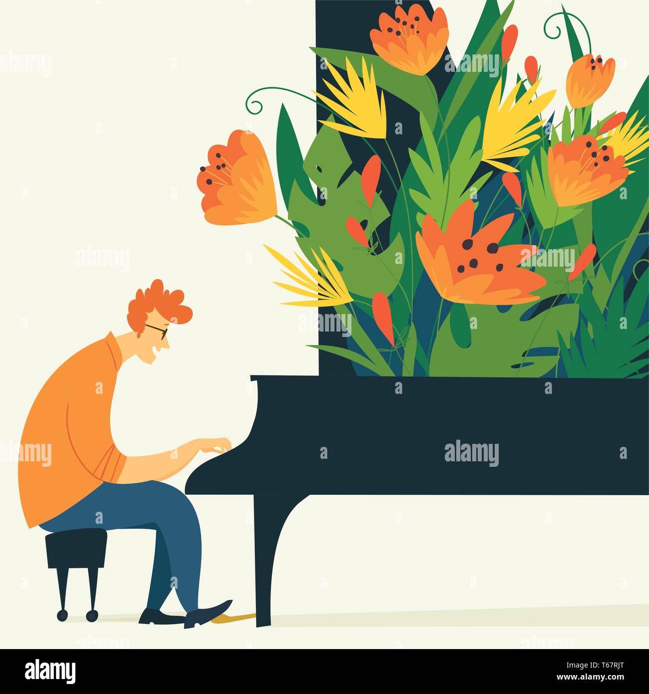 Vector jazz illustration with piano musician and flowers Stock Vector ...