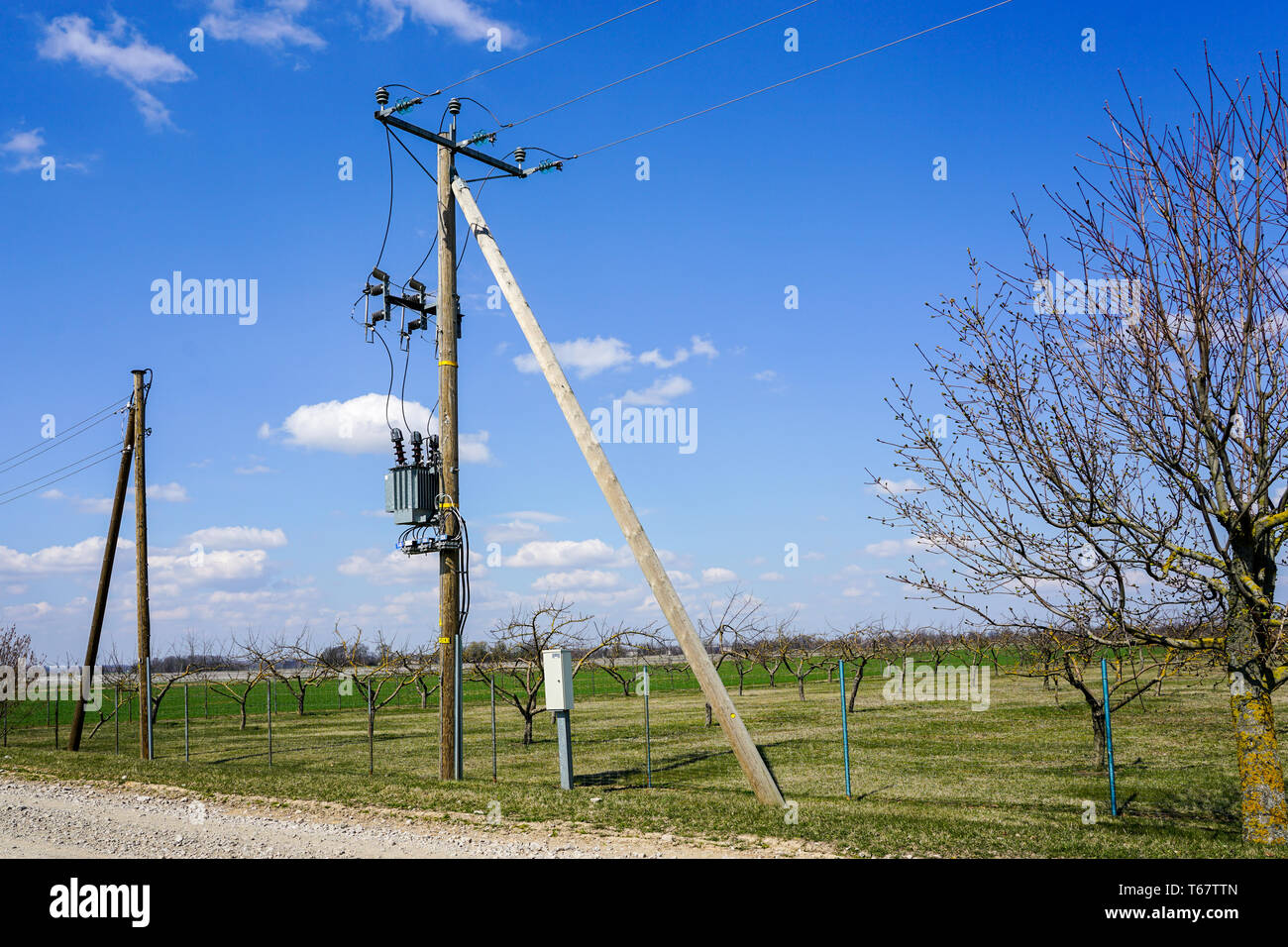 wooden power line pole with electric transformer in rural area, blue ...