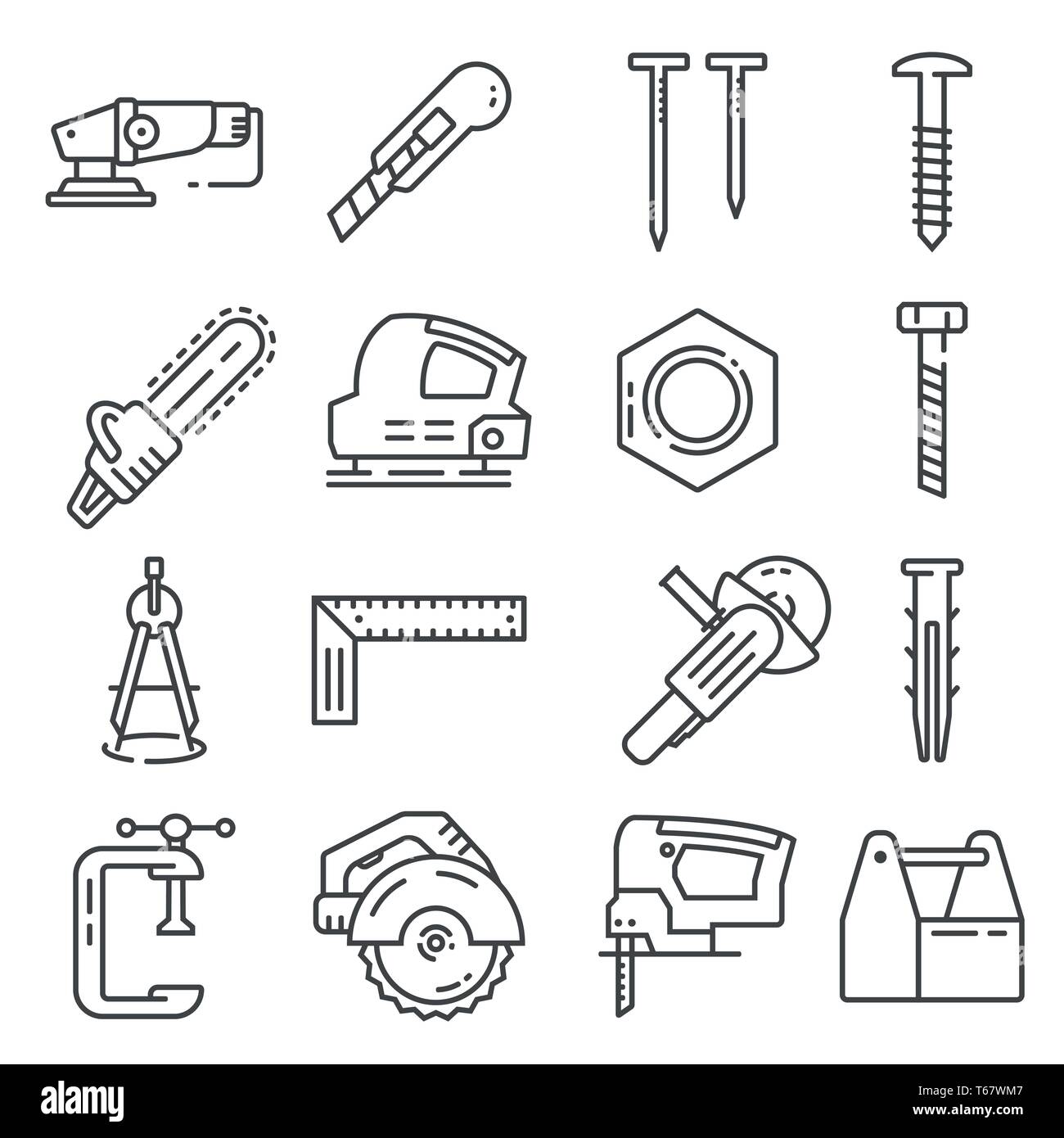 Carpentry industry equipment icons flat set with toolbox furniture ...