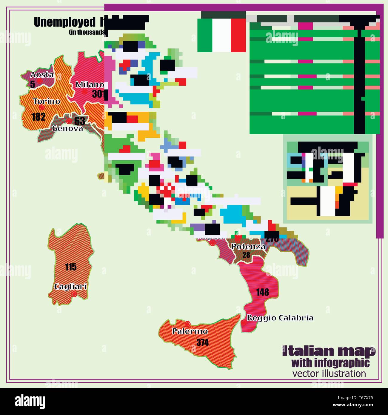 Map of Italy with infographic unemployed. Colorful illustration with ...