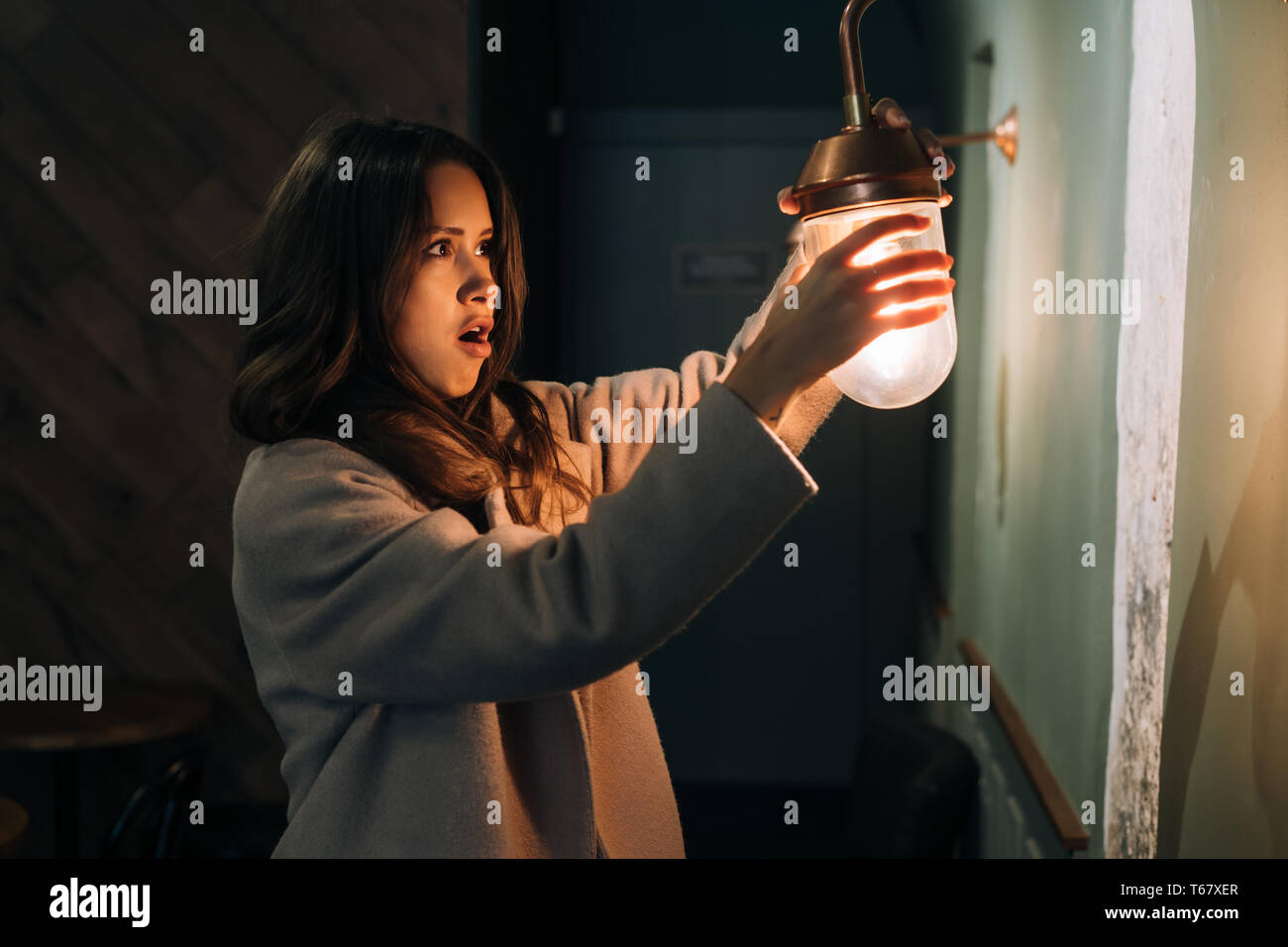 Young beautiful woman holds in her hand a small wall lamp Stock Photo ...