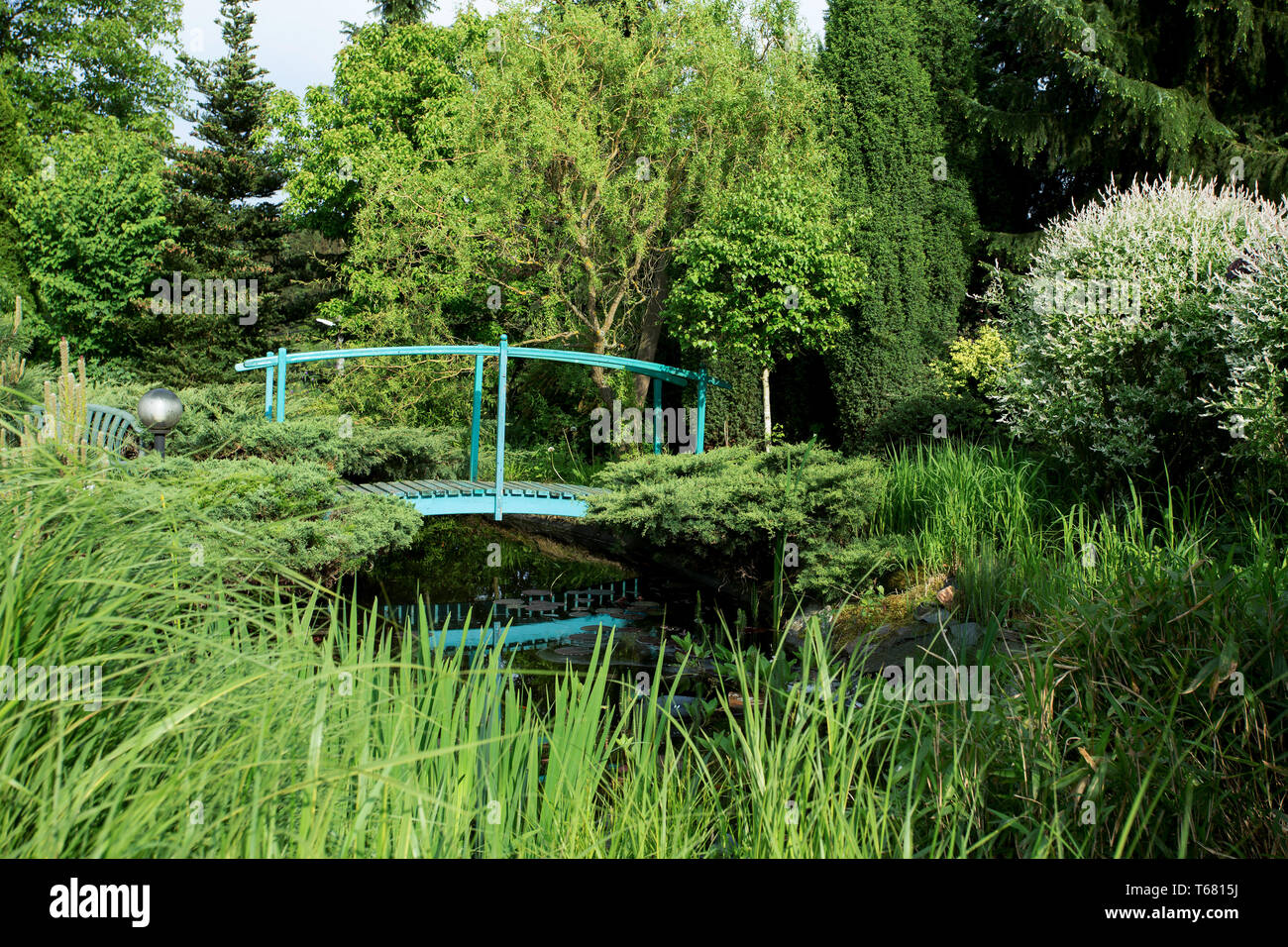 Wooden footbridge over a garden pond hi-res stock photography and ...