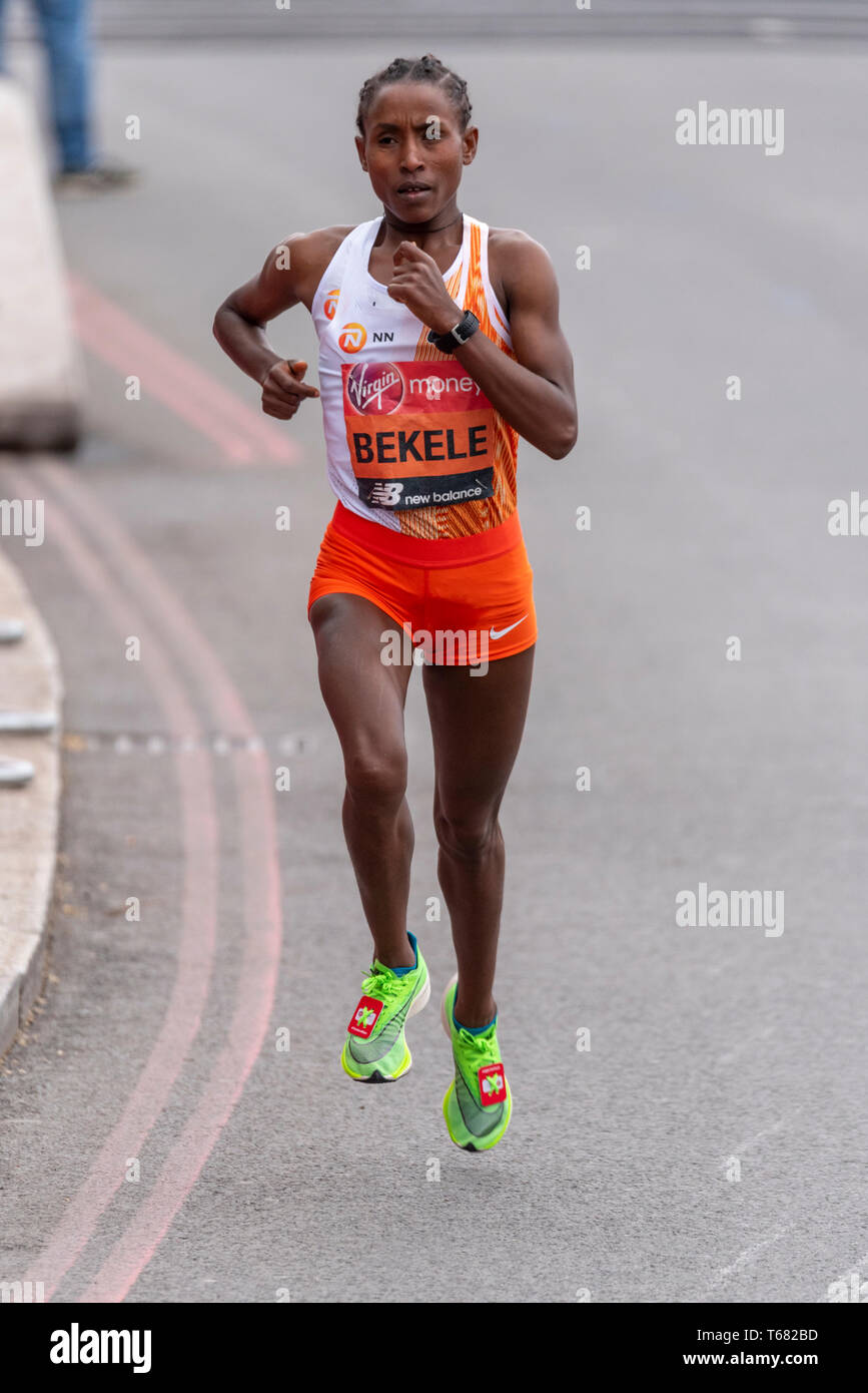 Tadelech Bekele racing in the Virgin Money London Marathon 2019 near ...