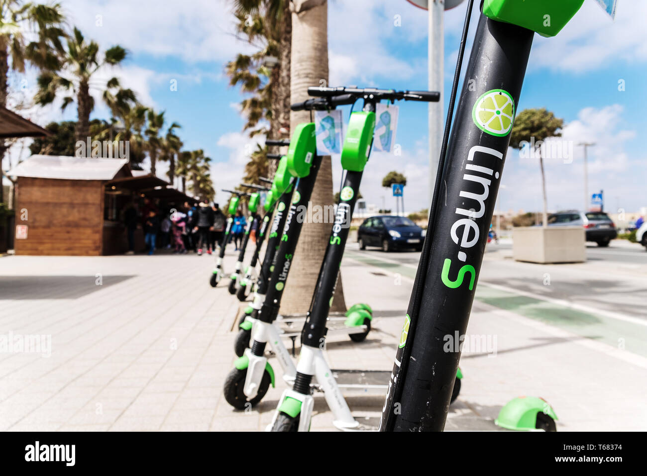 Valencia, Spain - April 29, 2019: Group of electric scooters for rent ...