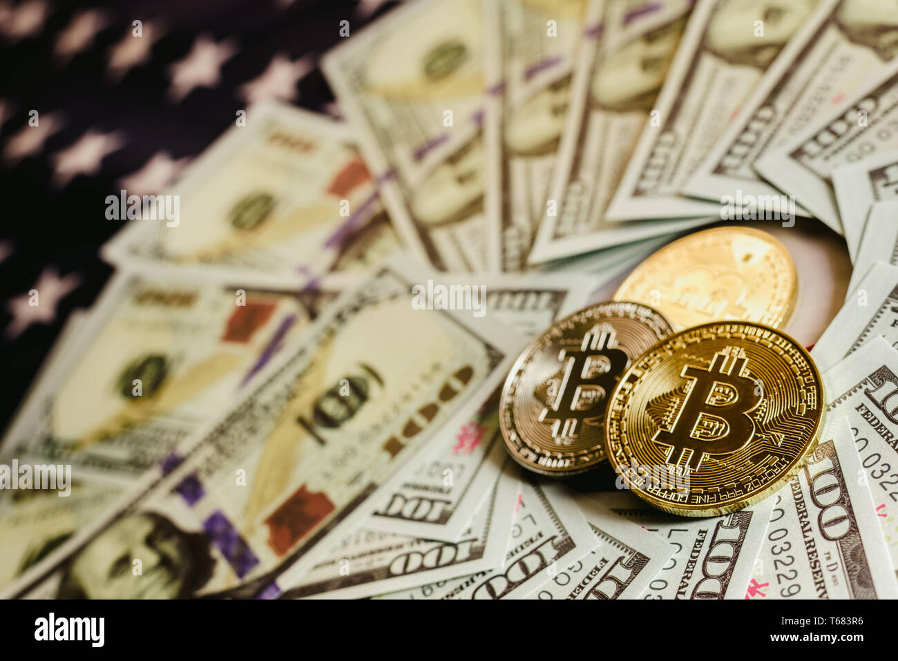 Bitcoins and 100 dollar bills with american flag background Stock Photo ...