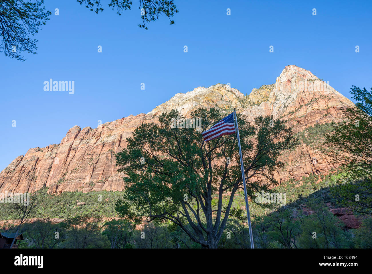 View of rock formations from in front of the Zion Lodge. Zion National ...