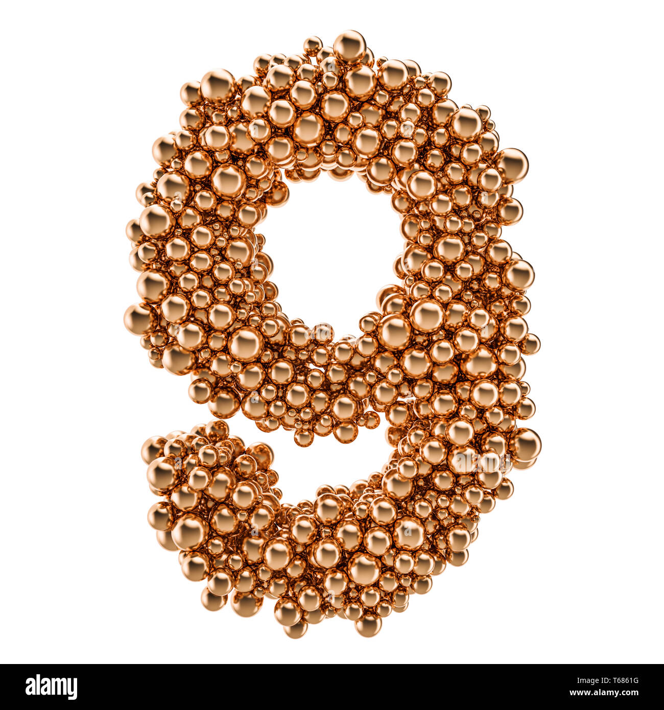 Golden number 9 from gold balls, 3D rendering isolated on white ...