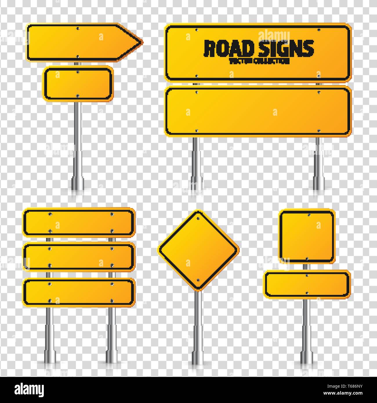 Road yellow traffic signs set. Blank board with place for text. Mockup ...
