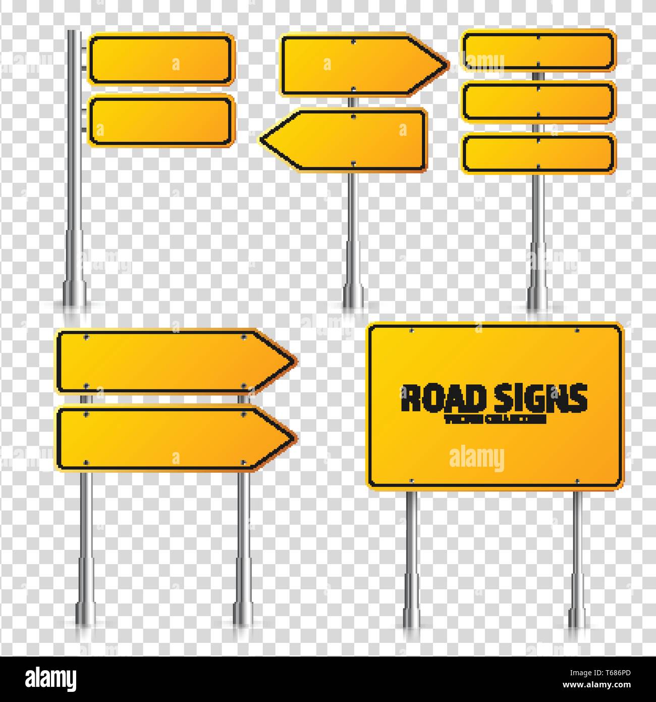 Road yellow traffic signs set. Blank board with place for text. Mockup ...