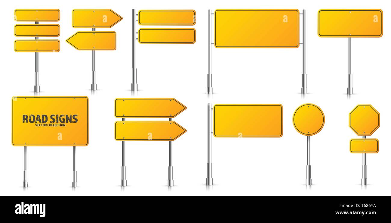Road yellow traffic signs set. Blank board with place for text. Mockup ...