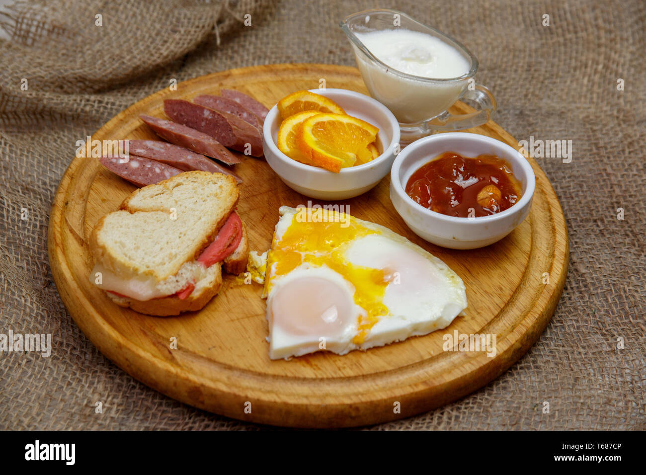 Turkish breakfast on wooden tray Stock Photo - Alamy