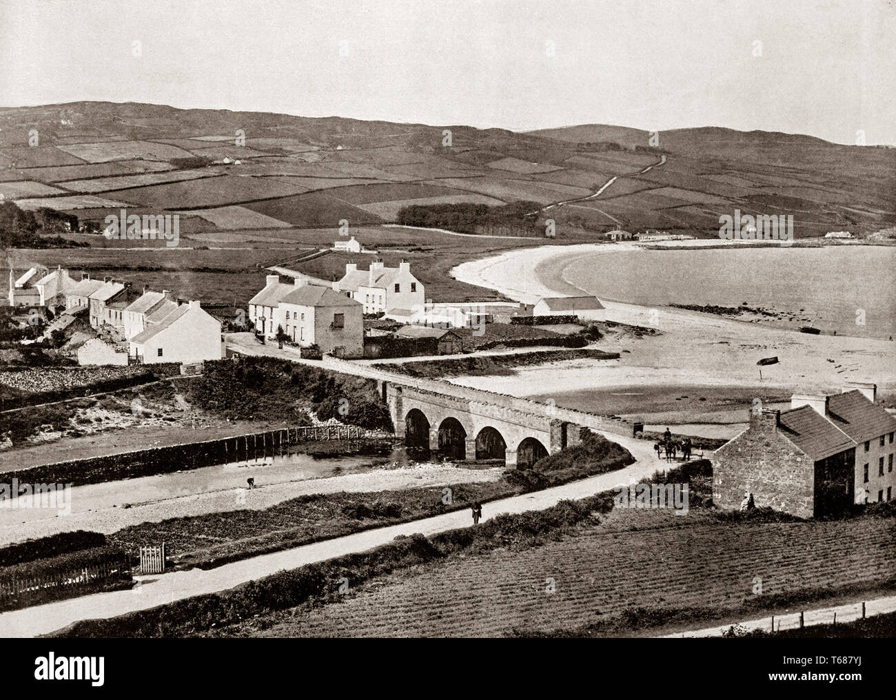 19th Century view of the bridge over the River Dun at Cushendun, a ...