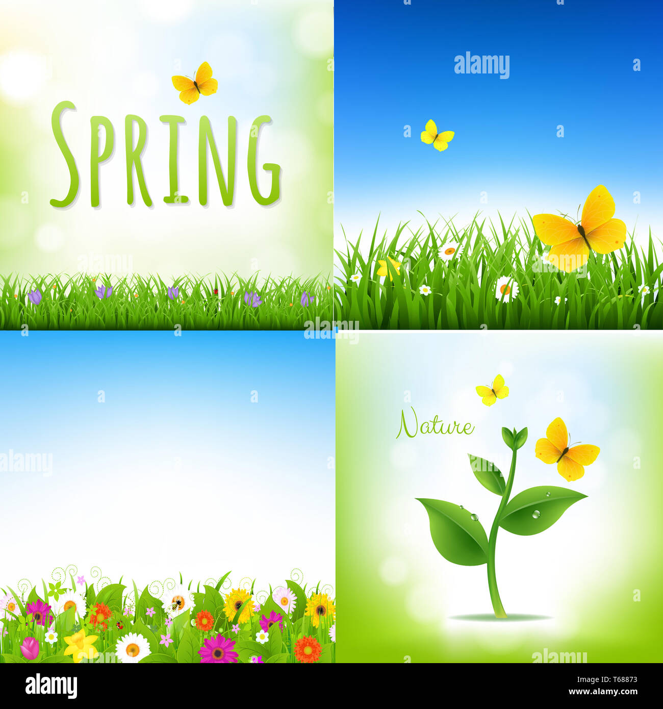 Spring Nature Backgrounds With Grass Border And Flowers Stock Photo - Alamy