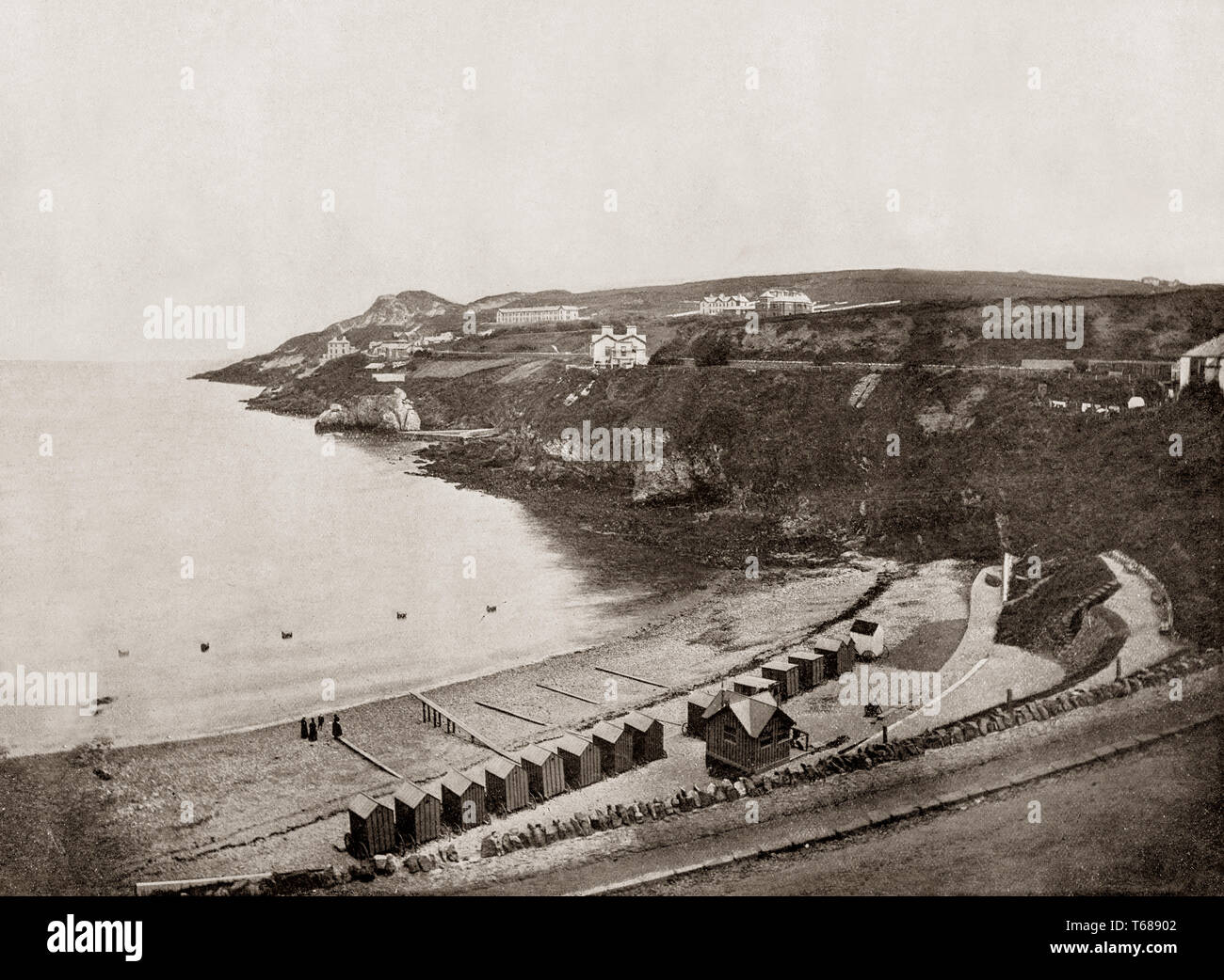 Late 19th Century view of bathing huts on a beach at Howth, a fishing ...