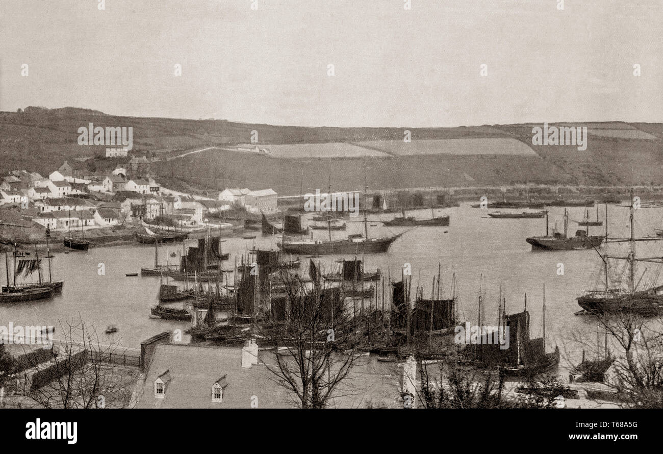 Late 19th Century fishing boats in the harbour, located at the mouth of ...