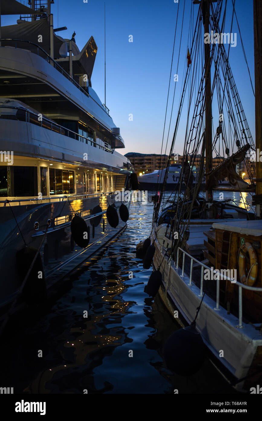 Yachts at night in the port of Ibiza, Balearic Islands, Spain Stock ...