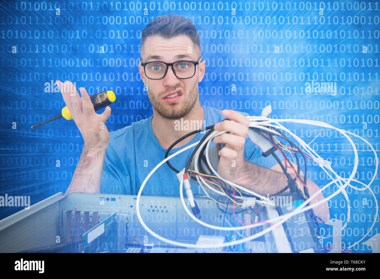 Composite image of portrait of confused it professional with screw ...